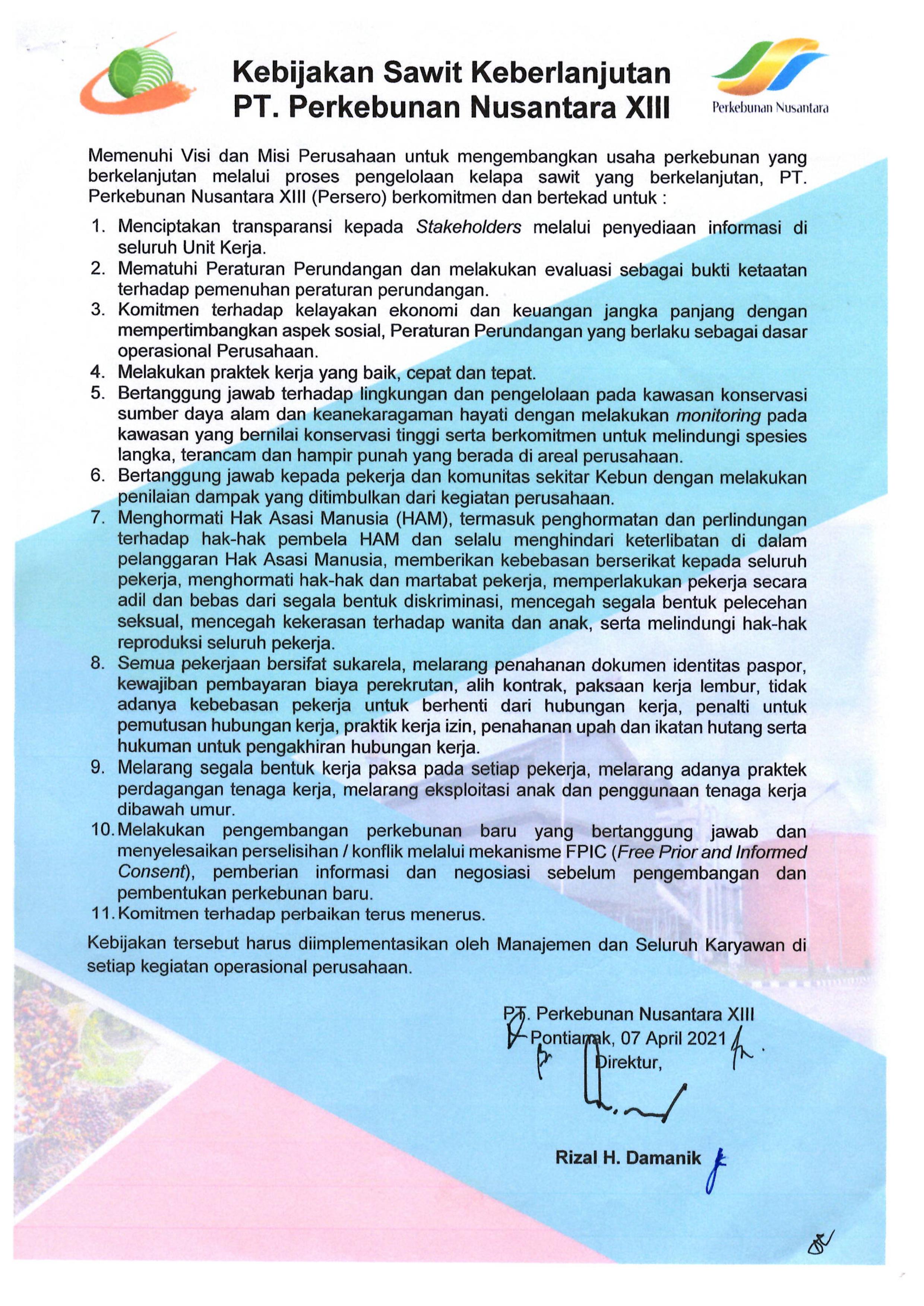 Kebijakan sawii berkelanjutan | PT.Perkebunan Nusantara XIII Pontianak